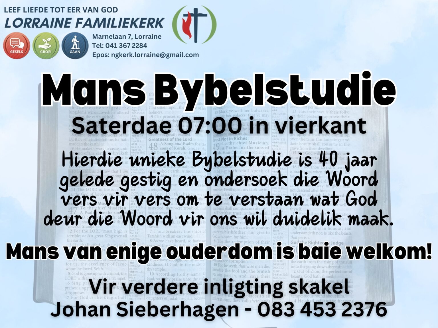 Kennisgewing – Manne Bybelstudie – Saterdae – NGK Lorraine